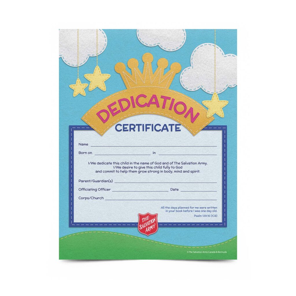 CRADLE ROLL - DEDICATION CERTIFICATE (ENGLISH) - Salvation Army Store